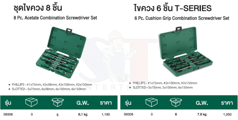 ชุดไขควงปากแบน-สี่แฉก 8 ชิ้น A SERIES SATA 09306 - STintertrade